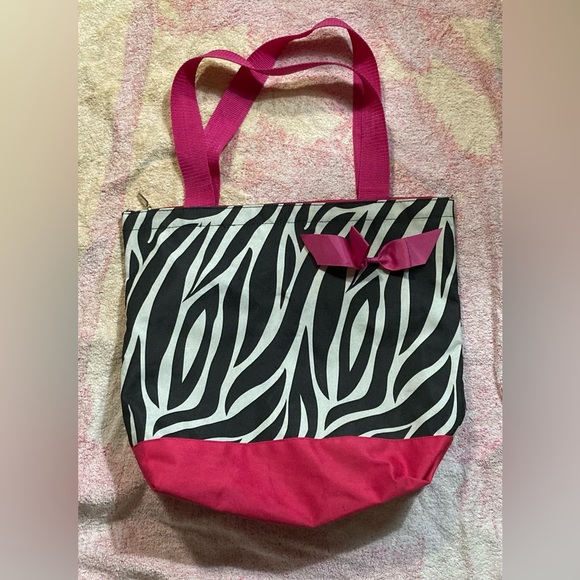 Bags | Zebra Print Tote Bag Outlined Pink With A Bow | Poshmark